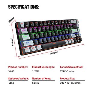 UINO V800 68 Key Mechanical Keyboard Gaming USB Wired LED Backlit Axis Gaming Mechanical Keyboard Optical Switches for Desktop