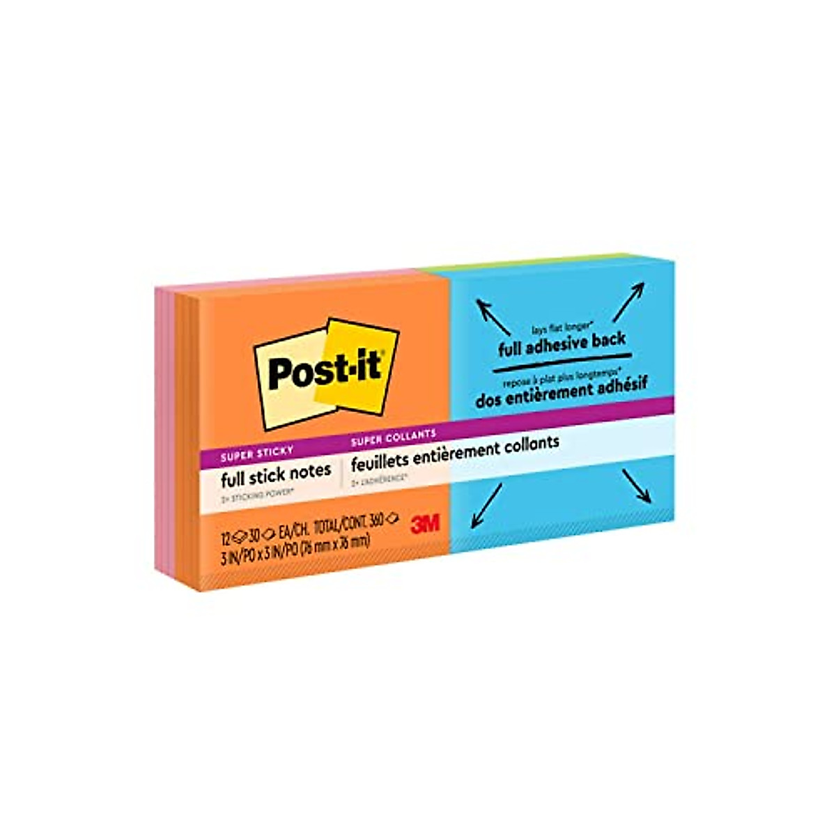Post-it Super Sticky Full Stick Notes, 3x3 in, 16 Pads, 2x the Sticking Power, Energy Boost Collection, Bright Colors (Orange, Pink, Blue, Green), Recyclable (F330-16SSAU)