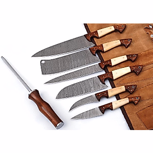 Damascus Knives Handmade Professional Kitchen Knife Set, 7pcs Best Steel Blade Chef set With Storage Leather Roll Case Bag, Cutlery Cooking Sets Wood/Bone Handle(14111)