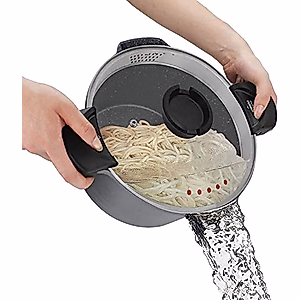 5 Quart Pasta Pot with Strainer Lid, Multipurpose Stock Pot Spaghetti Pot, PFOA free, Three-layer Non-stick coating, Dishwasher Safe, Tempered Glass Lockable Lid, Cast Aluminium, Grey