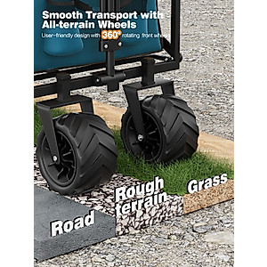 Beach Cart with Big Wheels for Sand, Ribitek Outdoor Folding Camping Grocery Portable Utility Cart, Heavy Duty 300 Lbs Capacity Collapsible All Terrain Sports Wagon with Adjustable Handle for Camping