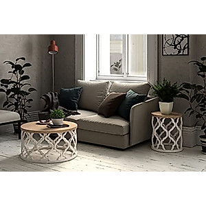 COZAYH Rustic Farmhouse Coffee Table, Distressed Wood Top Table with Curved Motif Frame Base for Boho, French Country Decor, Round, White, 30Dx30Wx16H in