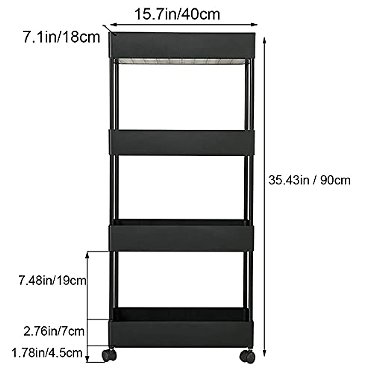 OVAKIA 4-Tier Slim Rolling Utility Cart Storage Shelves Trolley Storage Organizer Shelving Rack with Mesh Baskets/Wheel Casters for Laundry Pantry Bathroom Kitchen Office Narrow Places(Black)