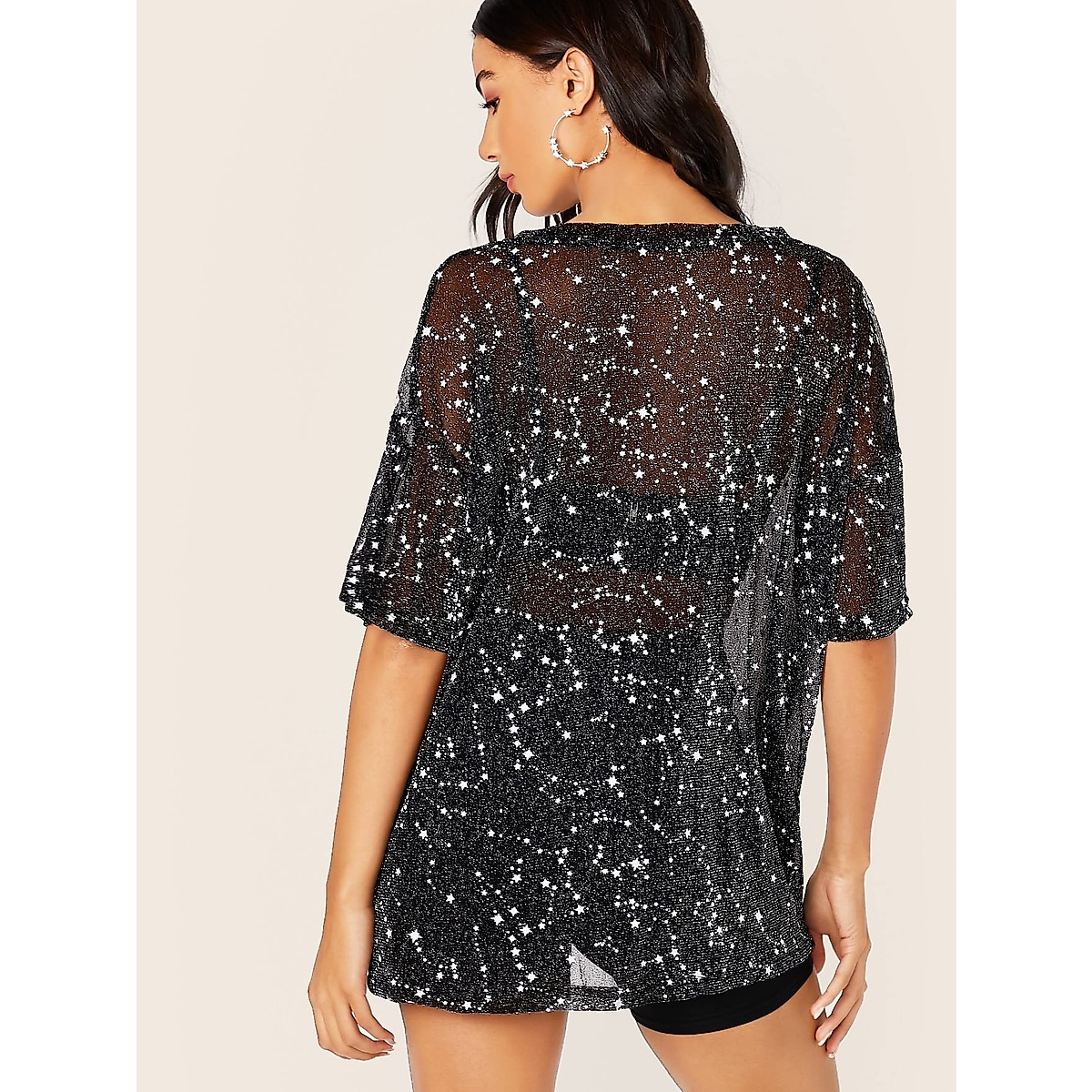 MakeMeChic Women's Summer Short Sleeve Tops See Through Mesh Sheer Sexy T Shirt Blouse Black Galaxy M