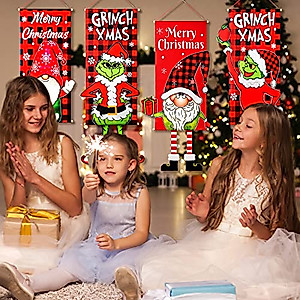 Christmas Decorations-Hanging Xmas Ornaments,Buffalo Plaid Christmas Door Decorations 4PCS,Xmas Banner Flag Sign for Porch Window Wall Mantle Party Yard,45x18IN