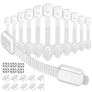 10Pack Child Safety Cabinet Locks Set Baby Proofing Strap Latches Locks(with 6pcs Spare Adhesive) Used for Safety Drawer Cupboard Oven Refrigerator Toilets Seat Fridge & 10Pcs Clear Outlet Plug Cover