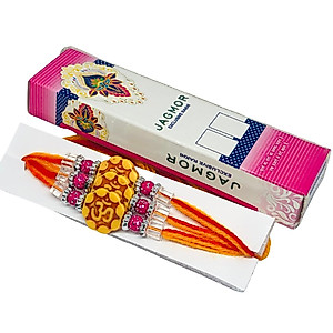 JAGMOR Om Pendant & Pink Beads Rakhi for Brother, Handmade Rakhi, Rakhee Bracelet for Brother, Rakhi for Bhai, Rakhi Bracelet for Sister, Bhaiya Bhabhi Rakhi, Indian Rakhi, Set of 3 rakhi