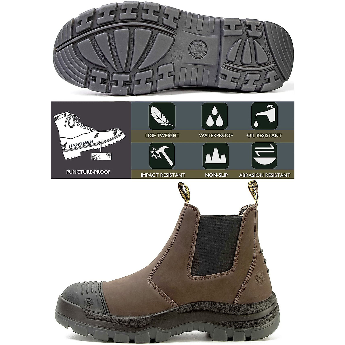 HANDMEN Work Boots for Men, Soft Toe Waterproof Working Boots, Slip Resistant Anti-Static Slip-on Safety Working Shoes 6 8 9 10 11 12 13 (COF802 / 9EE)