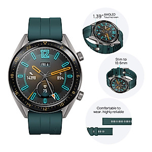 SUNG-LL Huawei Watch GT 2019 (46mm) BT Version, Water Proof, Titanium Grey Stainless Steel - Fluoroelastomer Band Active Dark Green