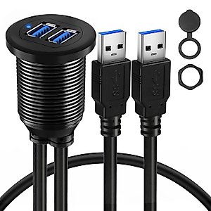BATIGE Alloy Dual Port USB 3.0 Car Dashboard Flush Mount Cable, Male to Female with LED Indicator Extension Cable for Car Truck Boat Motorcycle Dashboard Panel - 3ft