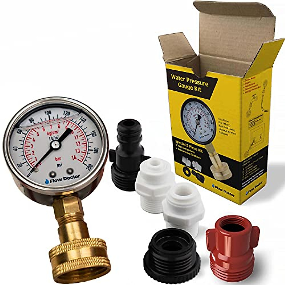 Flow Doctor Water Pressure Glycerin Filled Gauge Kit, All Purpose, 6 Parts Kit, 0 To 200 Psi, Standard 3/4" Female Garden Hose Thread Plus 5 Adapters To Test in Multiple Locations Indoors and Outdoors