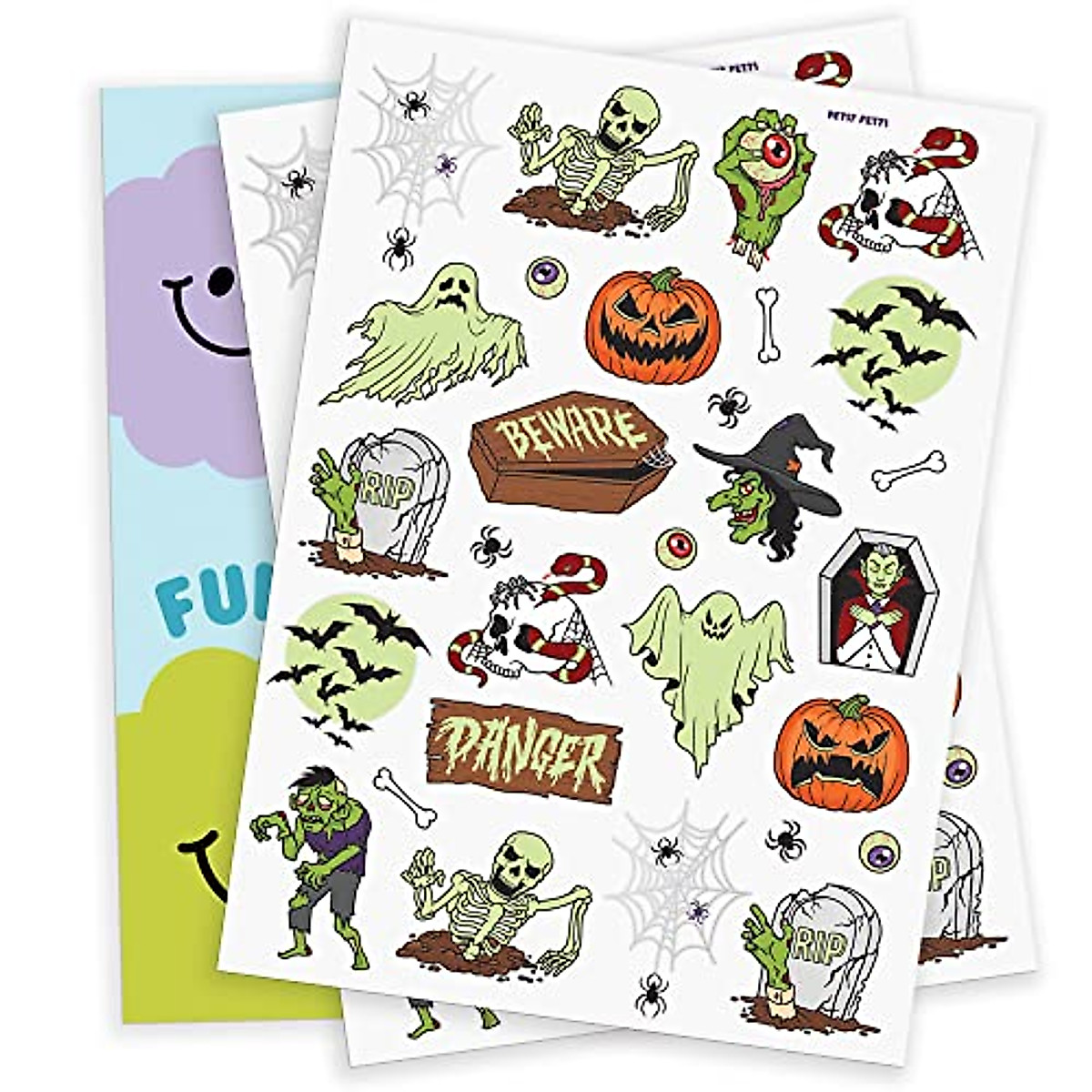 xo, Fetti Halloween Temporary Tattoos for Kids - 40 Glow In Dark Tat Styles | Halloween Decorations, Skeletons, Ghosts, Pumpkins, Spiderwebs