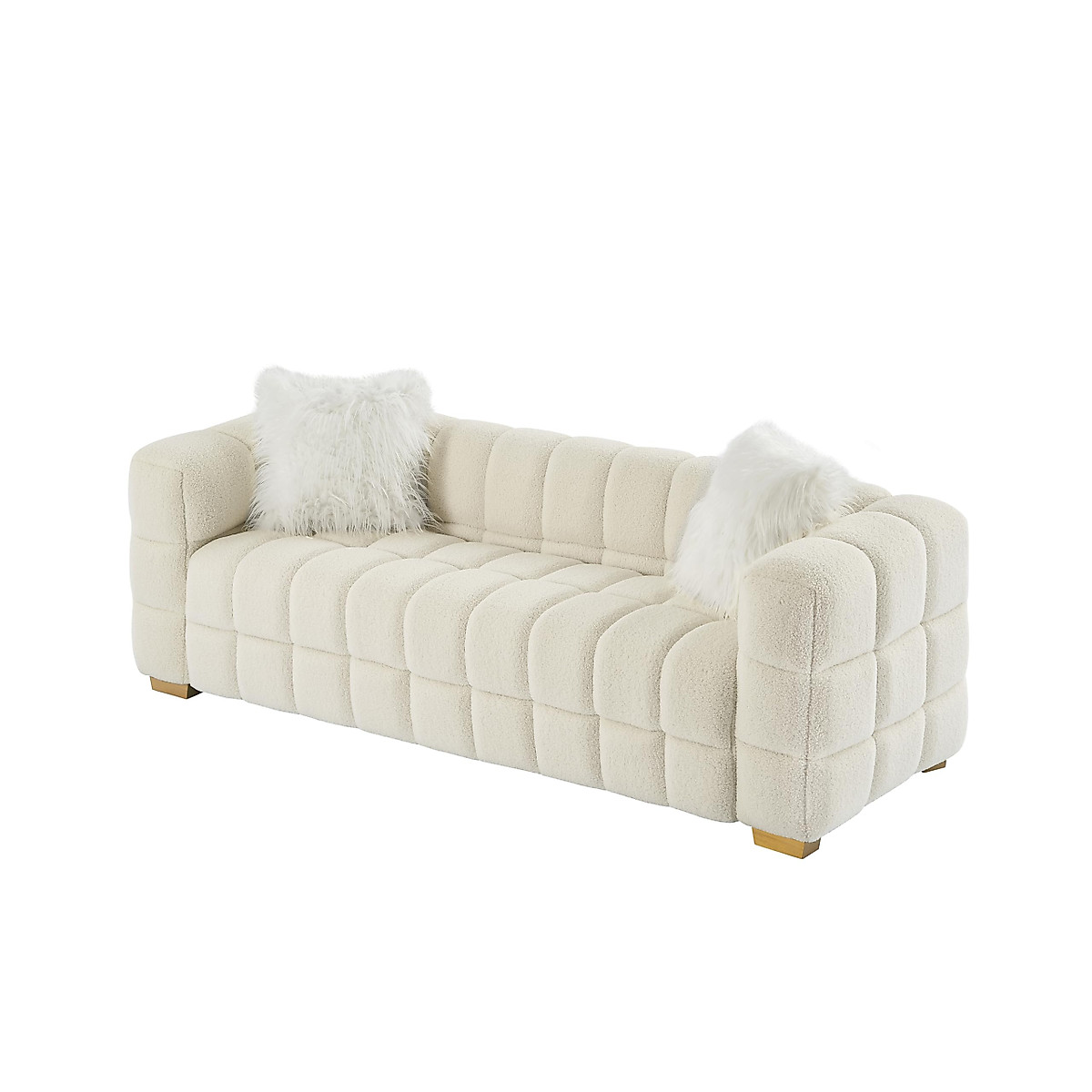 3 Seater Boucle Upholstered Loveseat Sofa Couch, Teddy Fleece Deep-Seat Cloud Modular Couch with Metal Golden Legs and Decor Pillows, Minimalist Style Oversized Love Seat for Living Room, Office