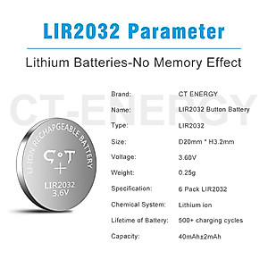 CT-ENERGY LIR2032 Rechargeable Batteries 6 Pack for Airtag 3.6V Rechargeable 2032 Button Battery for Car Remote Key Replace 3V CR2032 ML2032