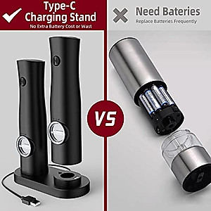 TLCCV Electric Salt and Pepper Grinder Set Rechargeable Automatic Black Salt & Pepper Mill 2 Pcs with Charging Base, Type-C USB Cables, LED Lights, Adjustable Coarseness, One Hand Operation