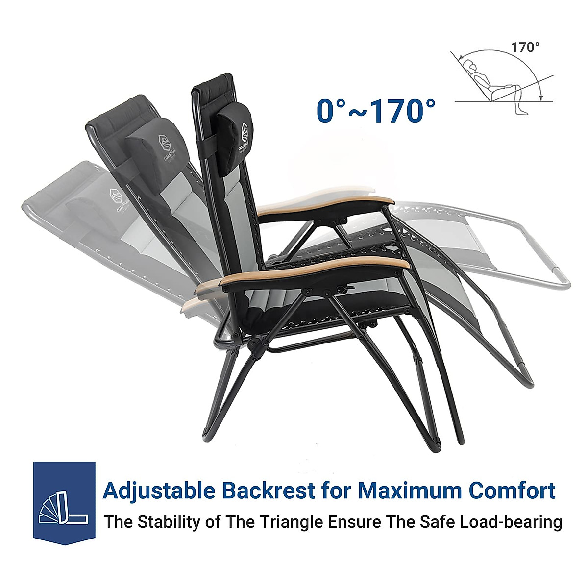 Coastrail Outdoor Zero Gravity Chair Oversized XXL 33.5" Patio Padded Reclining Lounger with Pillow, Side Table for Camping, Lawn, Garden Black/1pack