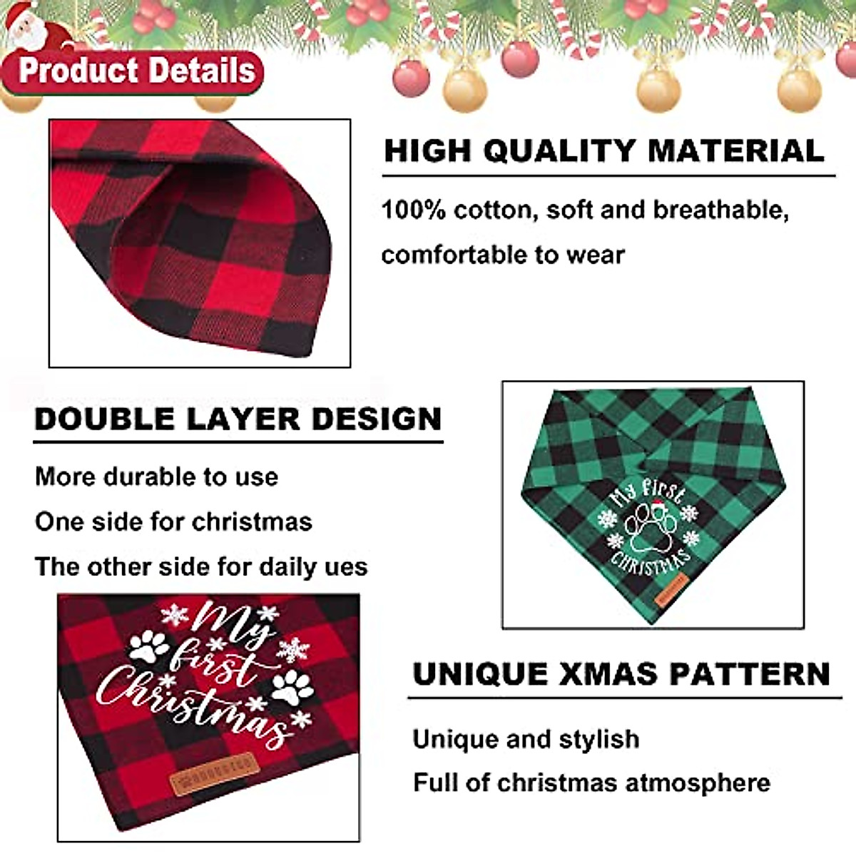 ADOGGYGO Christmas Dog Bandanas 2 Pack, Classic Plaid Xmas Pet Scarf, Premium Cotton Fabric, Multiple Sizes Offered, Dog First Christmas Bandanas for Medium Large Dogs Pets (Large, Style 1)