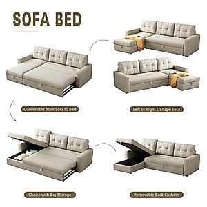 YOPTO 81.5" Sectional Sleeper Sofa with Storage Chaise, L Shaped Pull Out Couch Bed with 3 Removable Back Cushion for Living Room, Apartment,Office,Beige