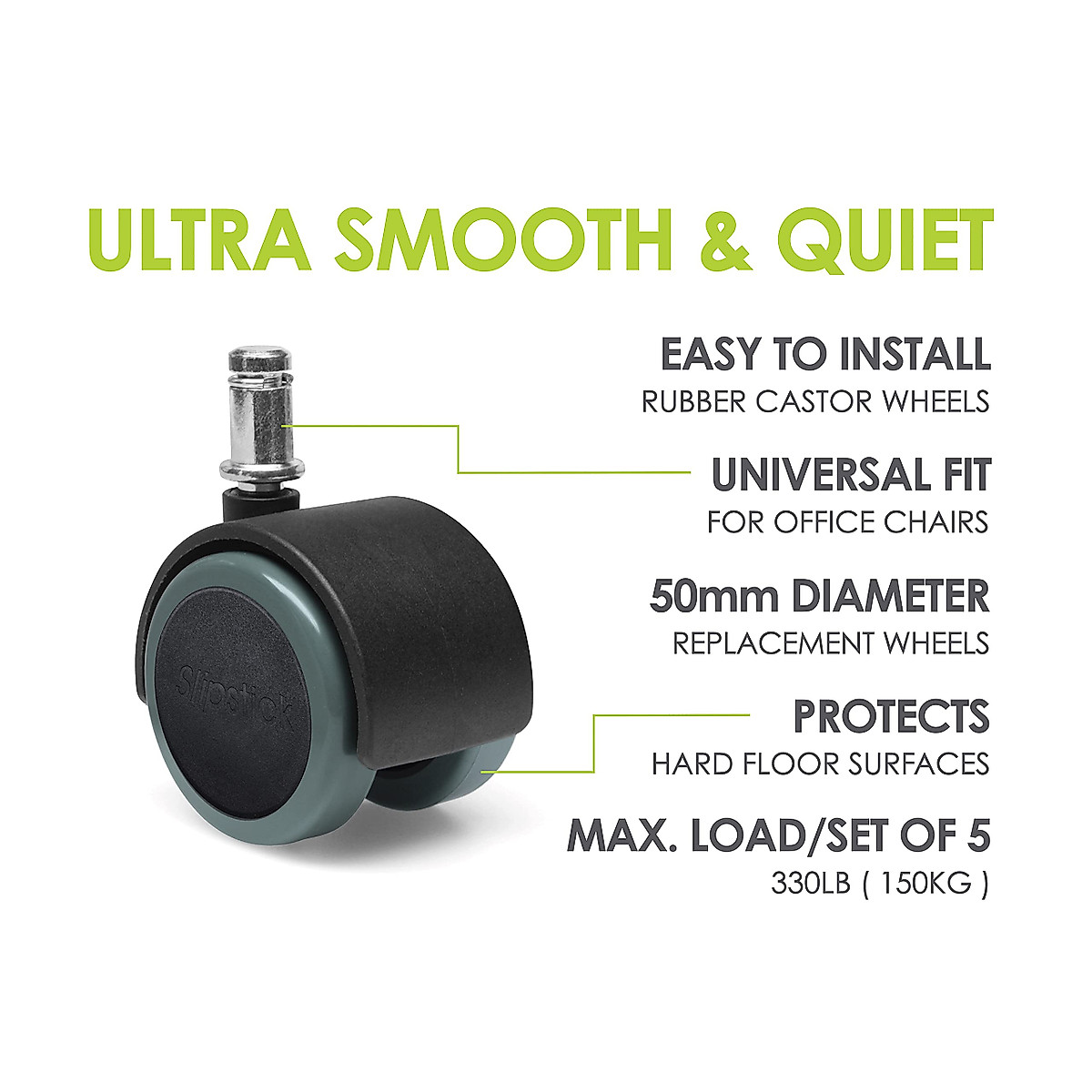 Slipstick CB680 50mm (2 Inch) Floor Protecting Rubber Office Chair Caster Wheels (Set of 5) Standard Stem Size - Black/Gray