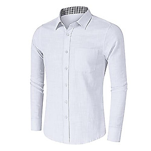 Men Lightweight Casual Plaid Dress Shirt Stylish Solid Button Down Shirts Patchwork Slim Fit Long Sleeve Shirts (White,Small)