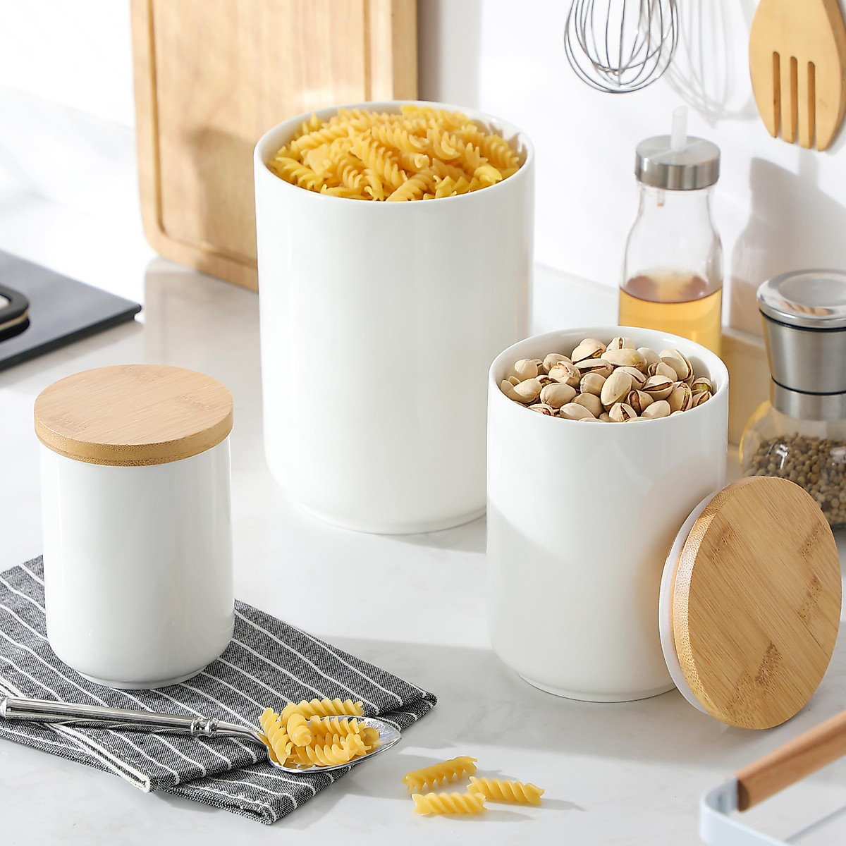 MALACASA Canisters Sets for the Kitchen, Ceramic Kitchen Canisters for Countertop, Coffee Jar with Airtight Bamboo Lid, Flour and Sugar Containers Set of 3, White Food Storage Jars for Tea, Cereal Nut