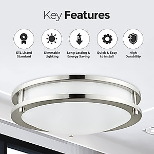 Diodesy 12 Inch LED Ceiling Light Fixture, 15W Flush Mount Ceiling Light Fixture for Bathroom Hallway Living Room and Bedroom, Dimmable, 1050LM, 2700K-5000K 5CCT Adjustable, Brushed Nickel, ETL.