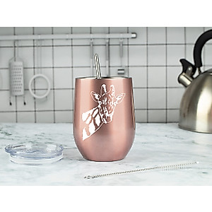 PDTXCLS Giraffe Gifts, 12oz Rose Gold Wine/Coffee Steel Tumbler/Mug with Premium Sliding Lid, Perfect Items for Women, Things for Animal Lover Glass Decor (Rose Gold)