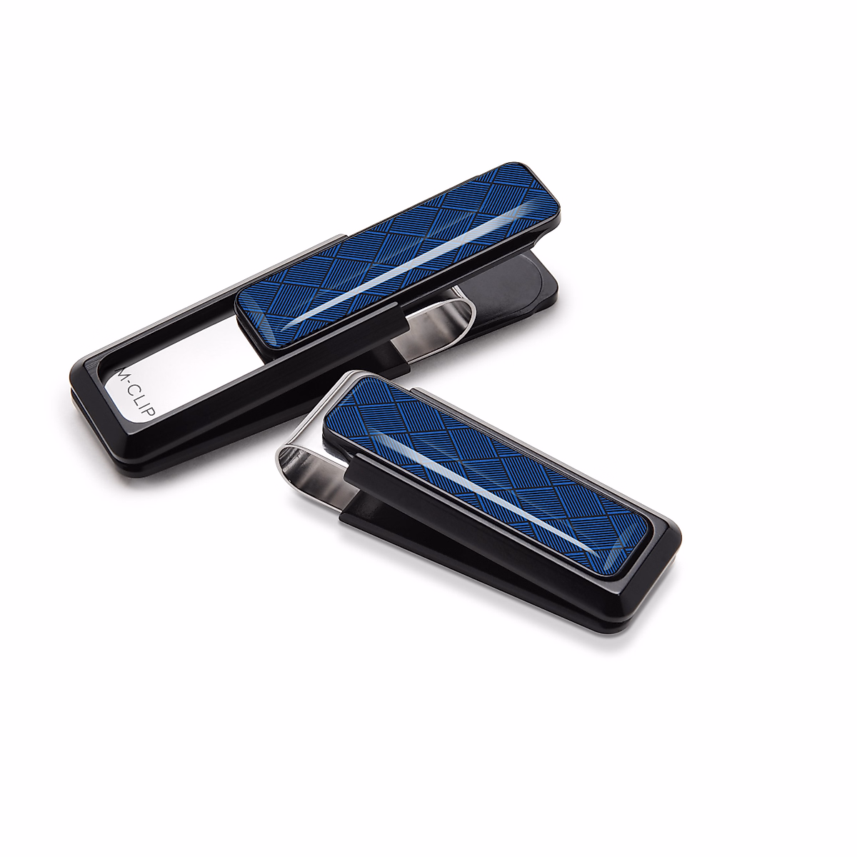 Black Aluminum Money Clip with Blue Herringbone Inlay