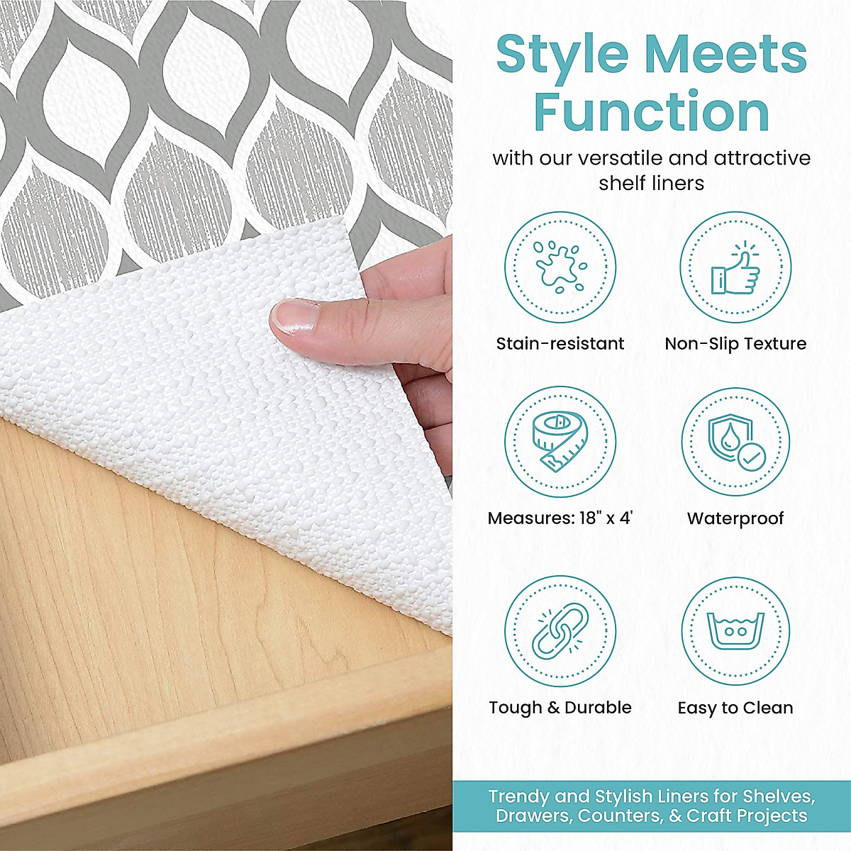 Con-Tact Brand Grip Prints Durable Adhesive Non-Slip Shelf and Drawer Liner, 18" x 4', Savoy Stone