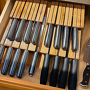 NIUXX in-Drawer Knife Block with 16 Knives, Bamboo Knife Organizer for Steak Knives, Chef Knives and Sharpener, Cutlery Holder with Detachable Knife Slots, Premium Kitchen Knives Set for Home