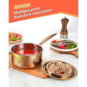 DAEDALUS 2 Quart Uncoated Nonstick Saucepan with Lid, Stainless Steel Pot Triply Hammered Copper for Cooking, Induction Saucepan Cookware for Home Kitchen Restaurant, Dishwasher Oven Safe - Gold