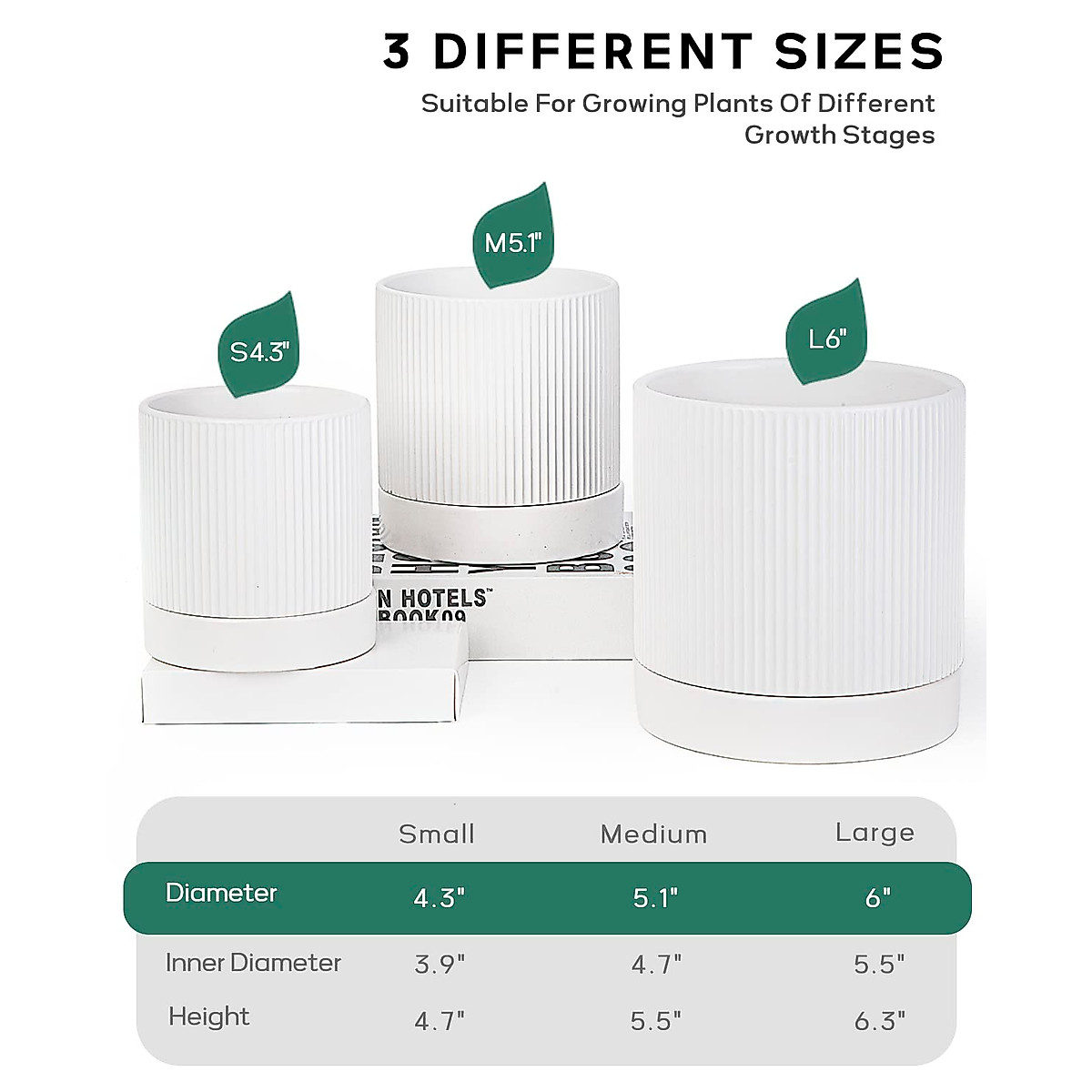 LaDoVita 3 Pack Ceramic Plant Pots 6/5/4 inch, Flowerpot for Indoor Plants with Drainage Holes and Tray, Outdoor Garden Planters, Modern Decorative for Home, White Vertical Stripes