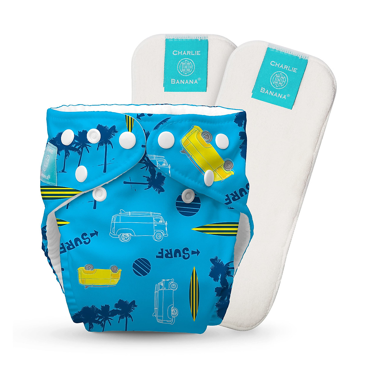 Charlie Banana Baby Washable and Reusable Cloth Diapers, 1 Soft Pocket Diapers and 2 Absorbent Inserts, One-Size, Malibu