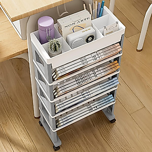 5 Tier Book Rack Storage Bookshelf, Mobile Bookshelf with Wheels, Removable Movable Unique Bookcase, Rolling Book Cart, Bookshelves for Students Study in Dorm Classroom Living Room School(White Grey)