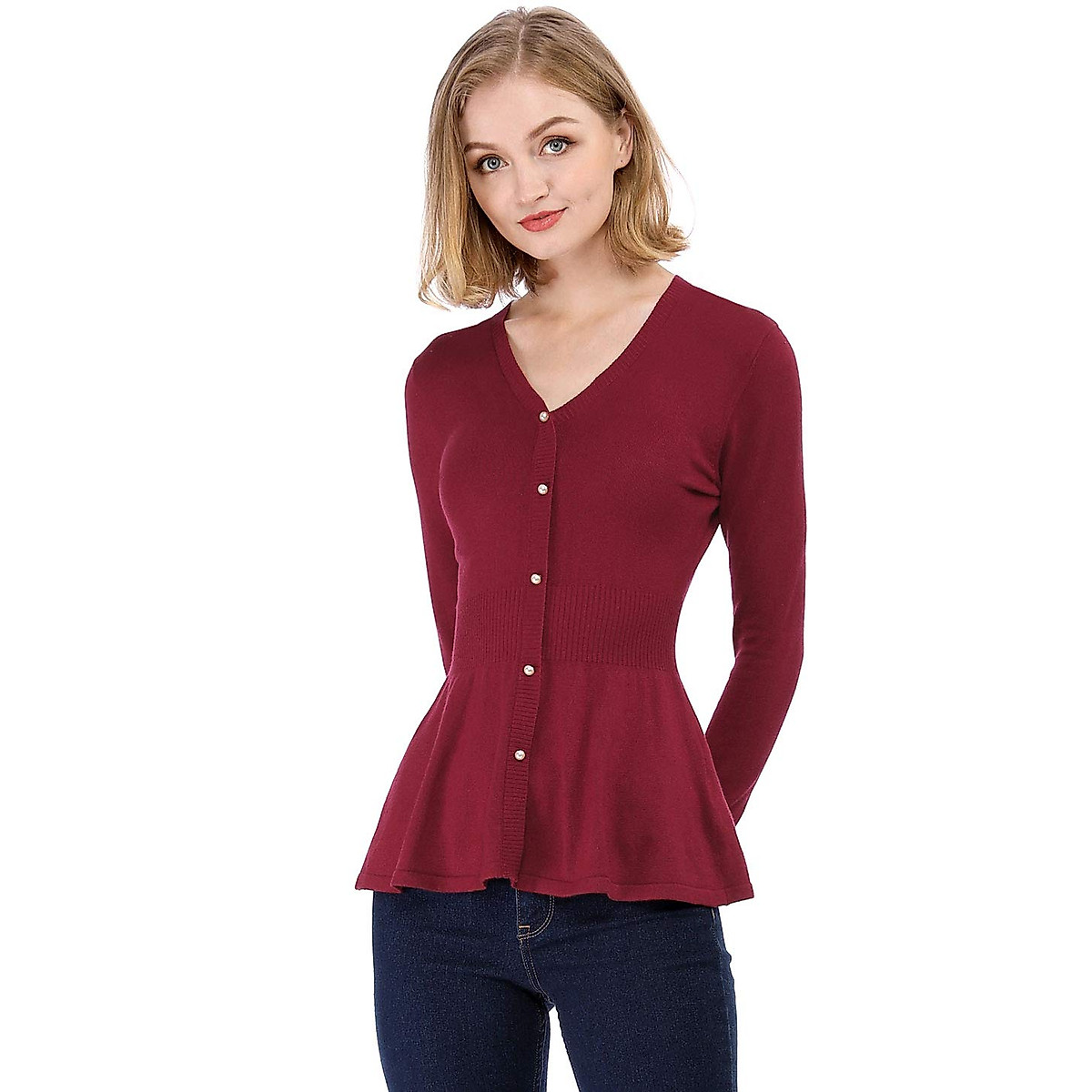 Allegra K Women's Peplum Sweater Ribbed V Neck Long Sleeve Knit Peplum Tops Small Burgundy