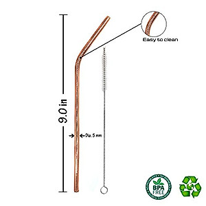 Metal Drinking Straws - 5 Rose Gold Reusable Bent Straws with 3 Cleaning Brushes - Copper Plated Stainless Steel for Moscow Mule and More