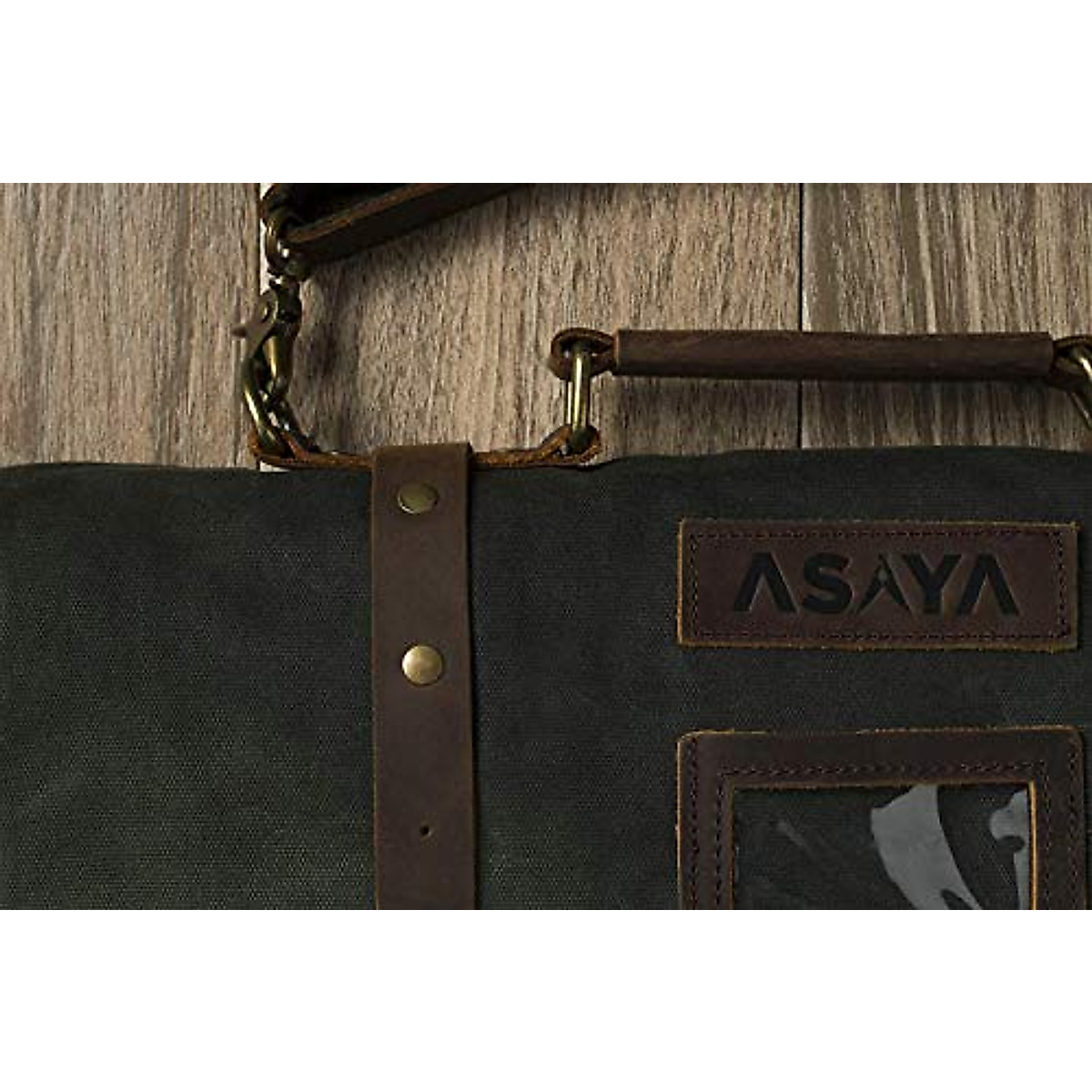 Asaya Waxed Canvas Knife Roll - 15 Knife Slots, Card Holder and Large Zippered Pocket - Genuine Leather, Cloth and Brass Buckles - for Chefs and Culinary Students - Knives Not Included