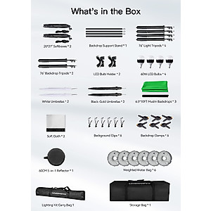 Photography Softbox Lighting Kit, 6.5 x 10ft Backdrop Stand System and E27 60W 5500K CFL Bulbs Softbox and Umbrellas Continuous Photo Lighting with Green/White/Black Backgrounds