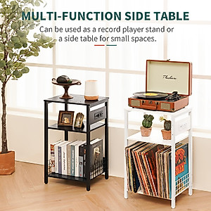 Yoobure Record Player Stand, 3-Tier White Side Table with Charging Station, Small End Table Nightstand with Vinyl Storage, Tall Beside Tables Turntable Stand for Album CD, Night Stand for Living Room