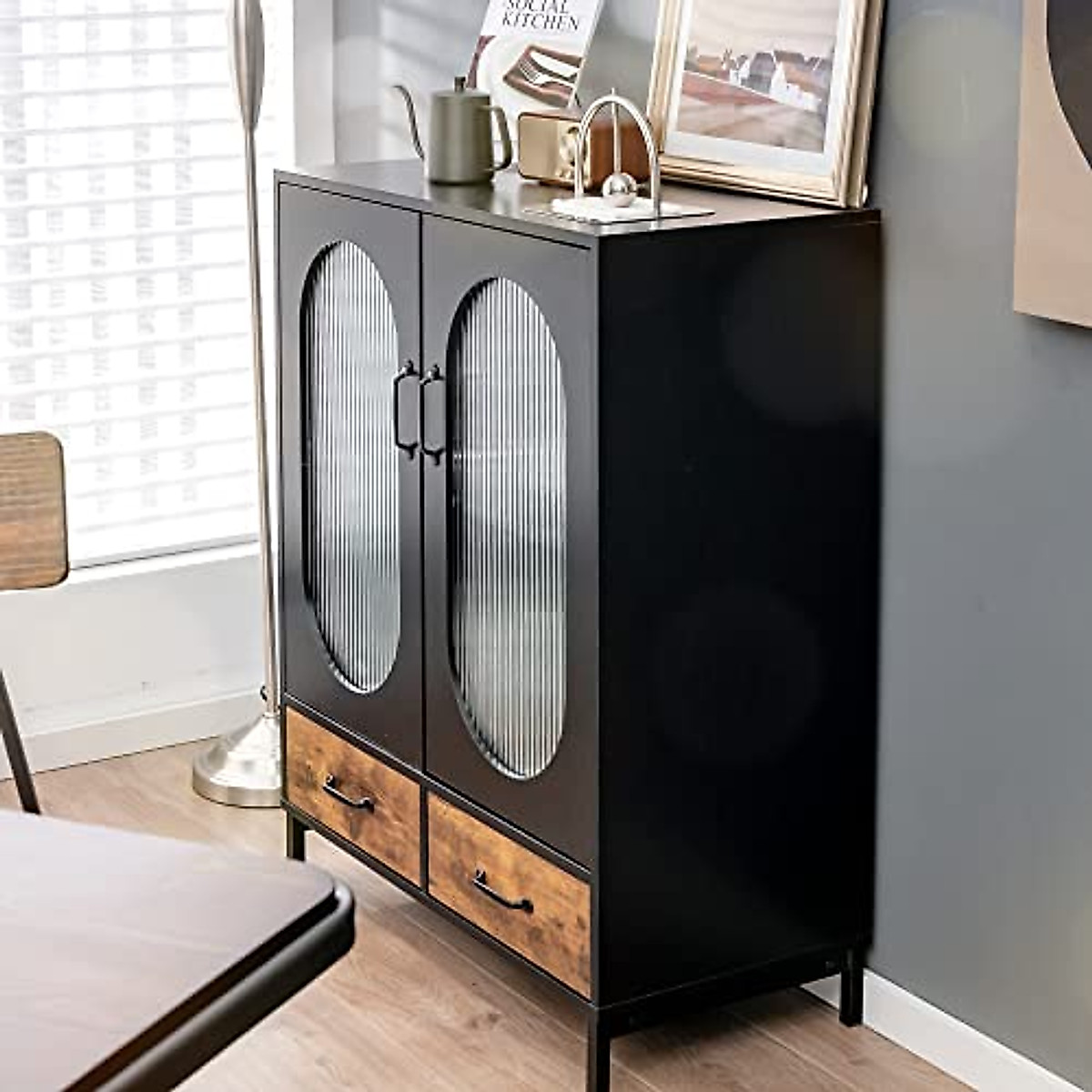 LOKO Buffet Cabinet with Storage, Kitchen Sideboard Cabinet with Tempered Glass Doors and Drawers, Industrial Style Cupboard Credenza Storage Cabinet, 31.5 x 16 x 39.5 inches