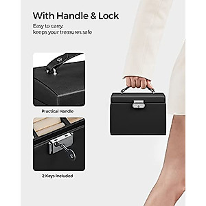 SONGMICS 3-Tier Jewelry Box, Travel Jewelry Case with Handle, 2 Drawers, Lockable Jewelry Organizer with Mirror, Jewelry Storage, Modern Style, Gift for Loved Ones, Black UJBC154B01