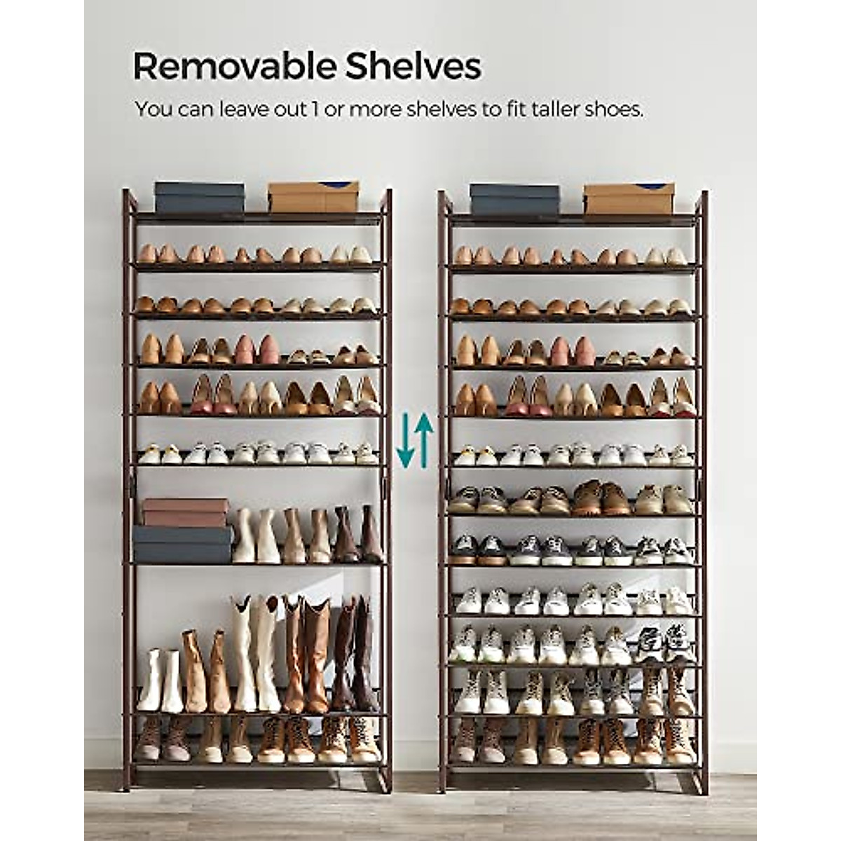 SONGMICS Shoe Rack, 12-Tier Tall Metal Shoe Storage Organizer for Closet, Entryway, Garage, Set of 2 6-Tier Big Stackable Shoes Rack Shelf, Adjustable Feet, Slanted Shelves, Holds 48-60 Pairs, Bronze
