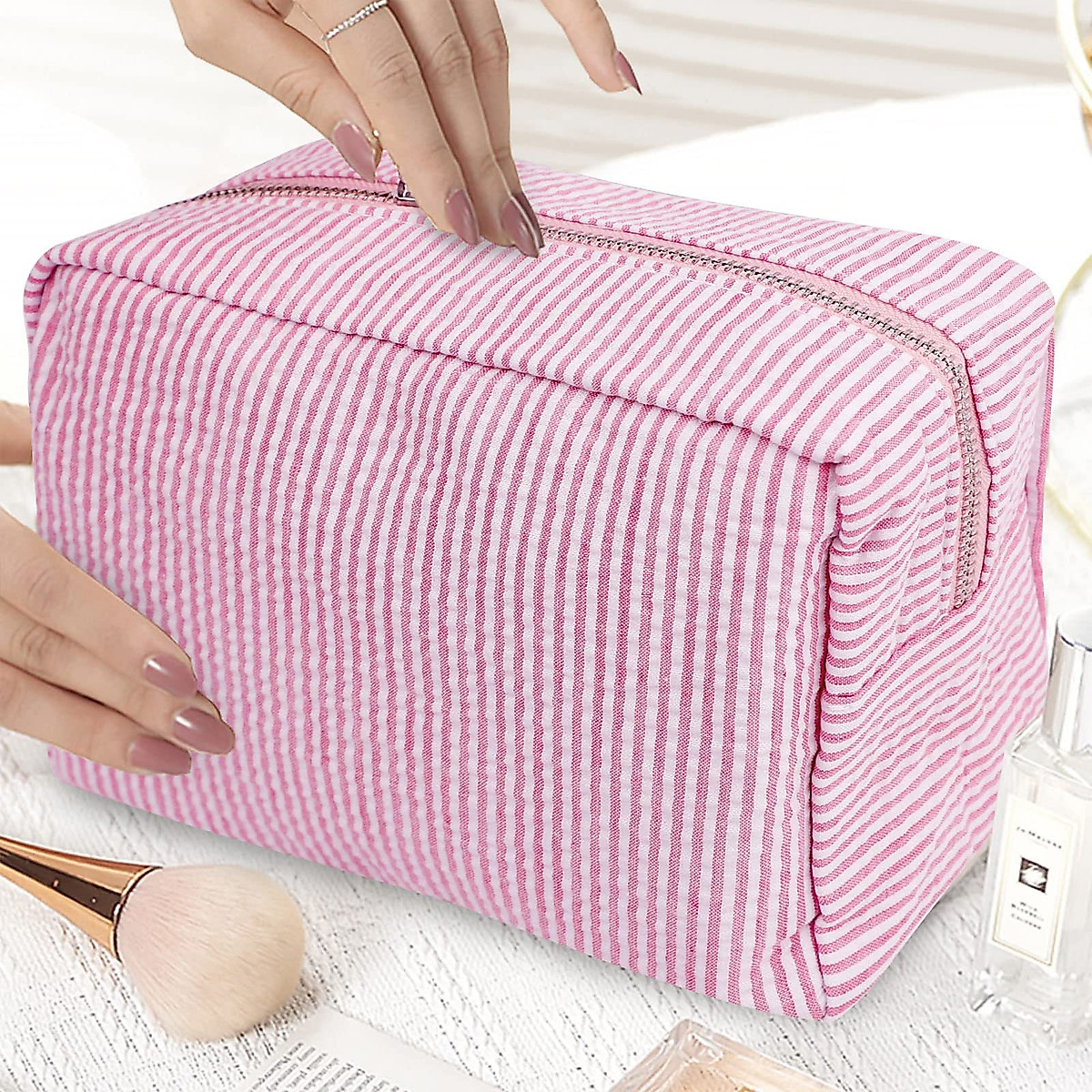GFU Cosmetic Bag for Women, Large Makeup Bag, Travel Toiletry Stripe Cosmetic Bag, Seersucker Women Aesthetic Organizer Storage Pouch, Girls Handbags Purses (Pink)