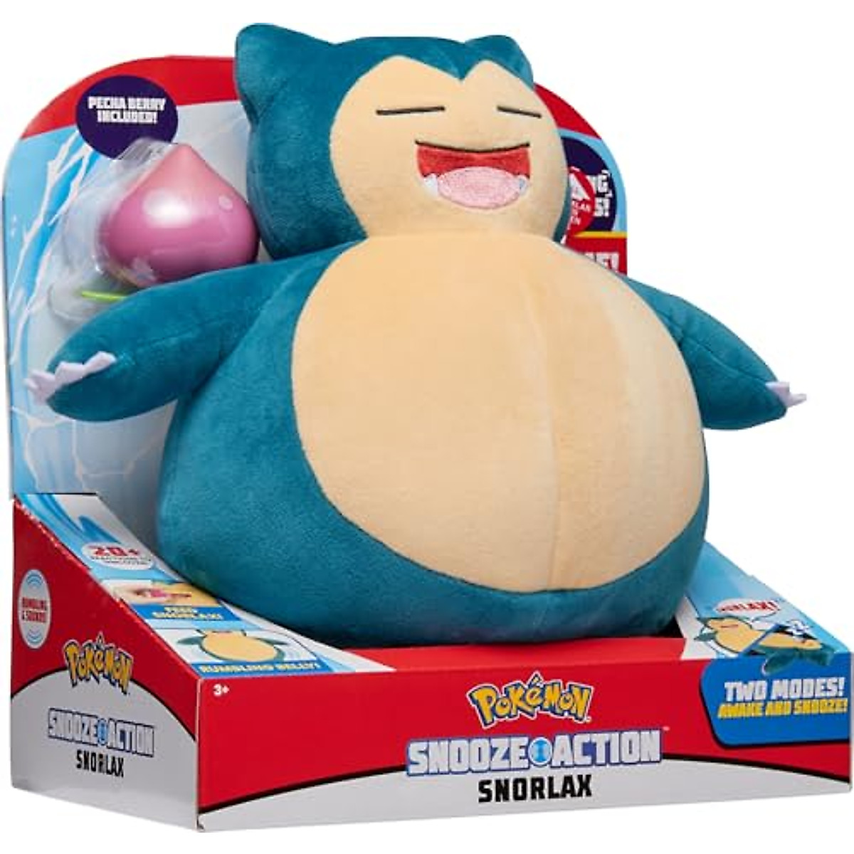 Pokemon Snooze Action Snorlax Plush, 10-Inch Plush Toy - Features Over 20 Authentic Snorlax Sounds, with 2 Modes of Play: Asleep & Awake, Plus Vibrating Belly - Eats Pecha Berry (Included)