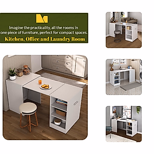 Multimóveis Office Desk Table with Storage Shelves and Printer Stand, Modern, Folding Compact Corner Computer Desk for Gaming, Work, Study, Bedroom or Home Office Desks, 3 Shelf, White, 60 Inch