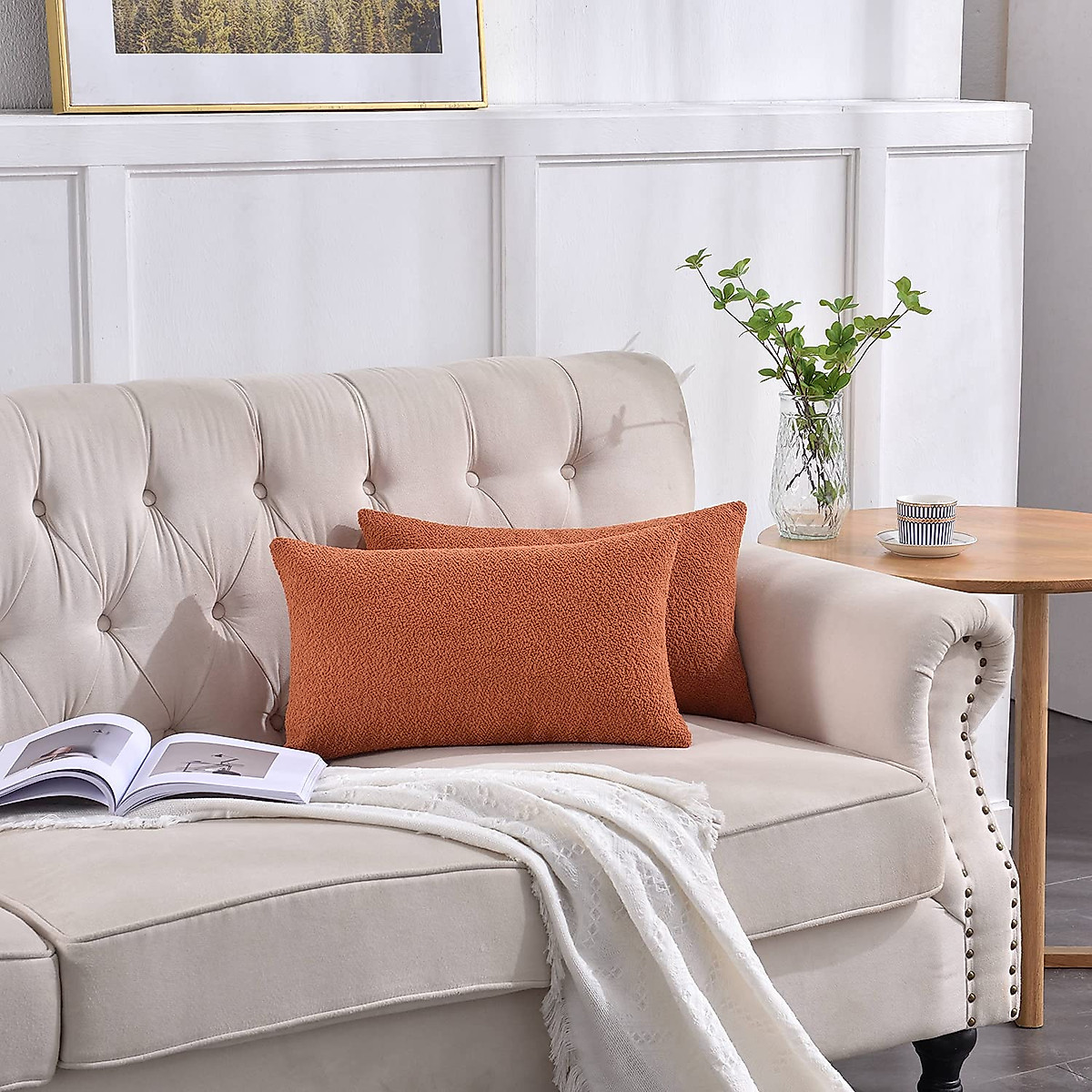 Rythome Set of 2 Cozy Boucle-Like Textured Throw Pillow Covers, Decorative Elegant Lumbar Pillow Cases for Couch Bed and Living Room - 12"x20", Terracotta