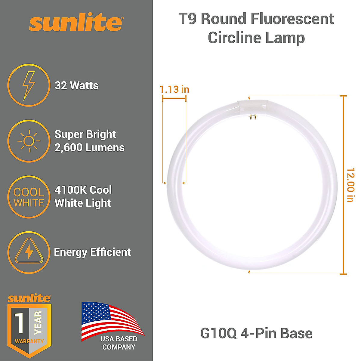 Sunlite 41315 FC12T9/CW T9 Round Fluorescent Circline Lamp, 32 Watts, 2100 Lumens, 4100K Cool White, RoHS Compliant, G10Q 4-Pin Base, 1 Pack
