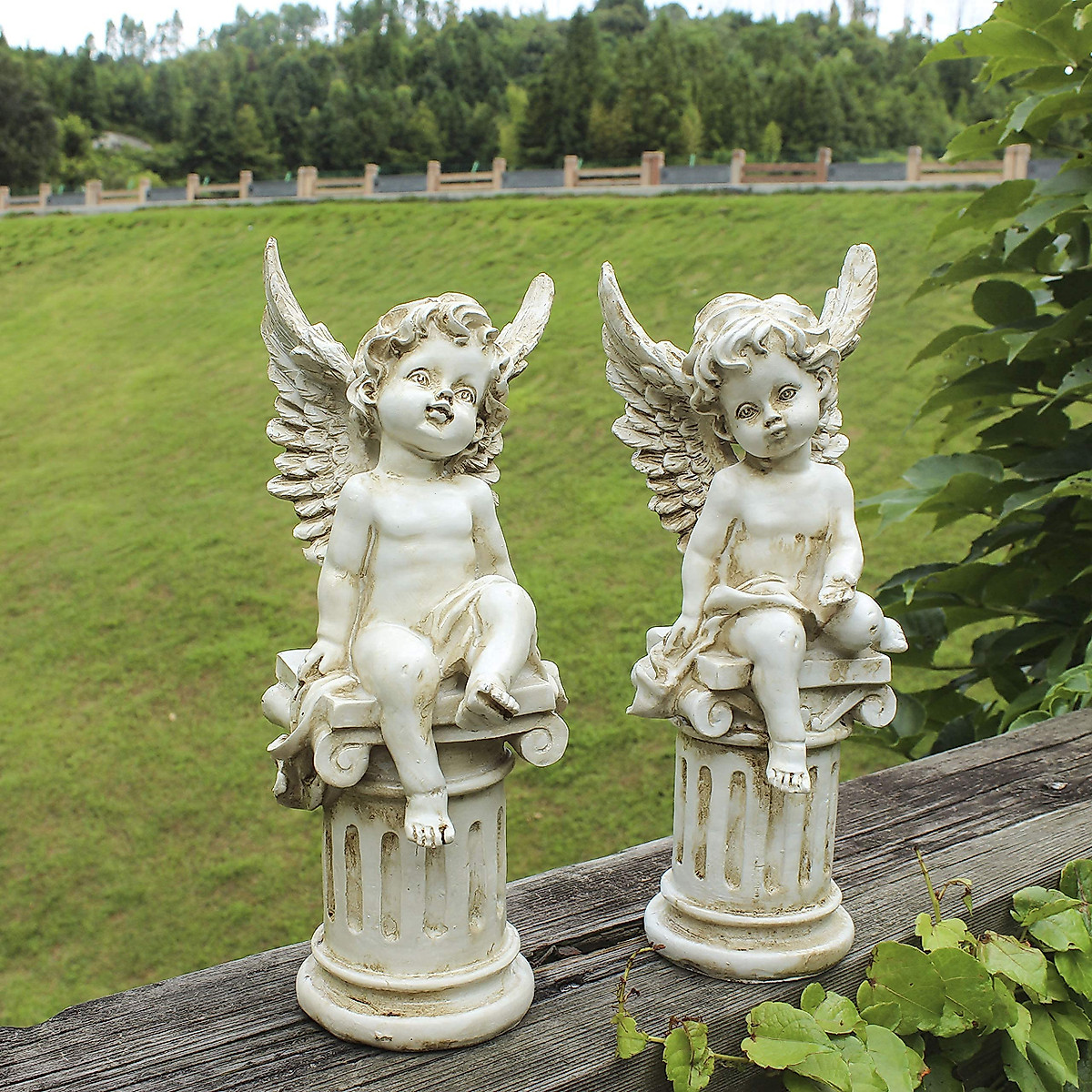 OwMell Set of 2 Cherub Angels on Roman Pillar Garden Statue Greek Column Angel Figurine Sculpture Indoor Outdoor Home Garden Decoration Antique Resin 9.8"