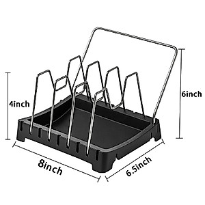 MUUBOOX Adjustable Rack Pot Lid Holder Rack for Pots, Cake Molds, Cutting Boards, Mats, Cookware,Cutting Boards, Plates ( Black)