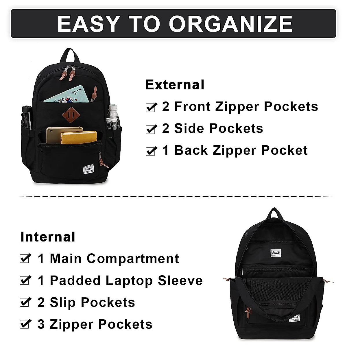 RAVUO Backpack for Men Women, Water Resistant Unisex 15.6 inch Laptop Backpack College School Bookbags with Two Front Pockets